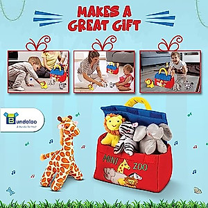 Bundaloo Plush Mini Zoo Playset - Giraffe, Elephant, Lion, Zebra - Interactive Animals, Carrier with Velcro Closure, Natural Sound Effects for Babies and Toddlers