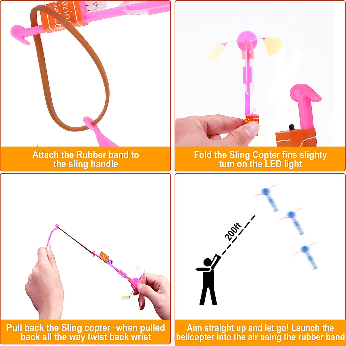 lpvoqpth 25 Sets LED Flying Set, 25 Slingshot+25 Glow Helicopter-50 Pcs, Flying Toy Outdoor Toys Glow in The Dark Party Supplies Party Favors for Kids 8-12,4-8