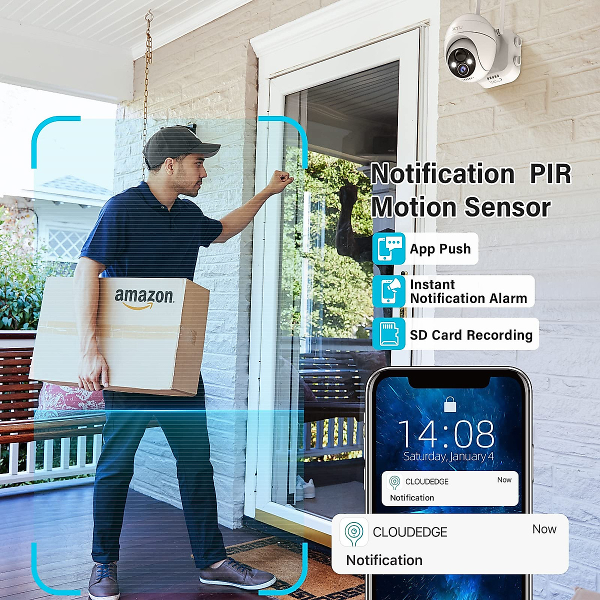 XTU Security Camera Outdoor, 2K Wireless WiFi 360° PTZ Camera, Solar Security Camera Battery Powered, Home Surveillance Camera with Spotlight & Siren/Motion Detection/3MP Color Night Vision/IP66.