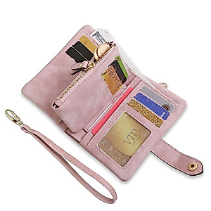 TOPKULL Bifold Small Rfid Soft Leather Ladies Trifold Wallets Billfolds Mini Wristlet Clutch Cute Zipper Coin Purse with Wrist Strap (Pink)