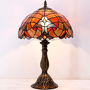 WERFACTORY Tiffany Lamp Red Liaison Stained Glass Table Lamp Desk Bedside Reading Light 12X12X18 Inches Decor Bedroom Living Room Home Office S160R Series