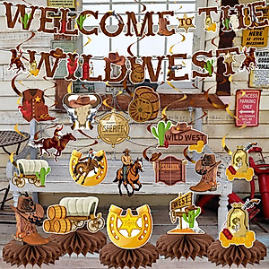 Western Cowboy Party Decorations Western Banner Wild West Hanging Swirls Cowboy Honeycomb Centerpieces for Cowboy Theme Birthday Baby Shower Party Supplies