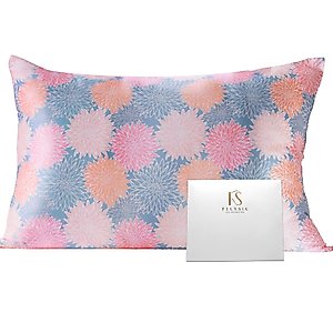 FELYSIK Pink Blue Floral Print Silk Pillowcase for Hair and Skin - Standard 20"x26", 22 Momme 100% Mulberry Silk Pillow Cases with Zipper