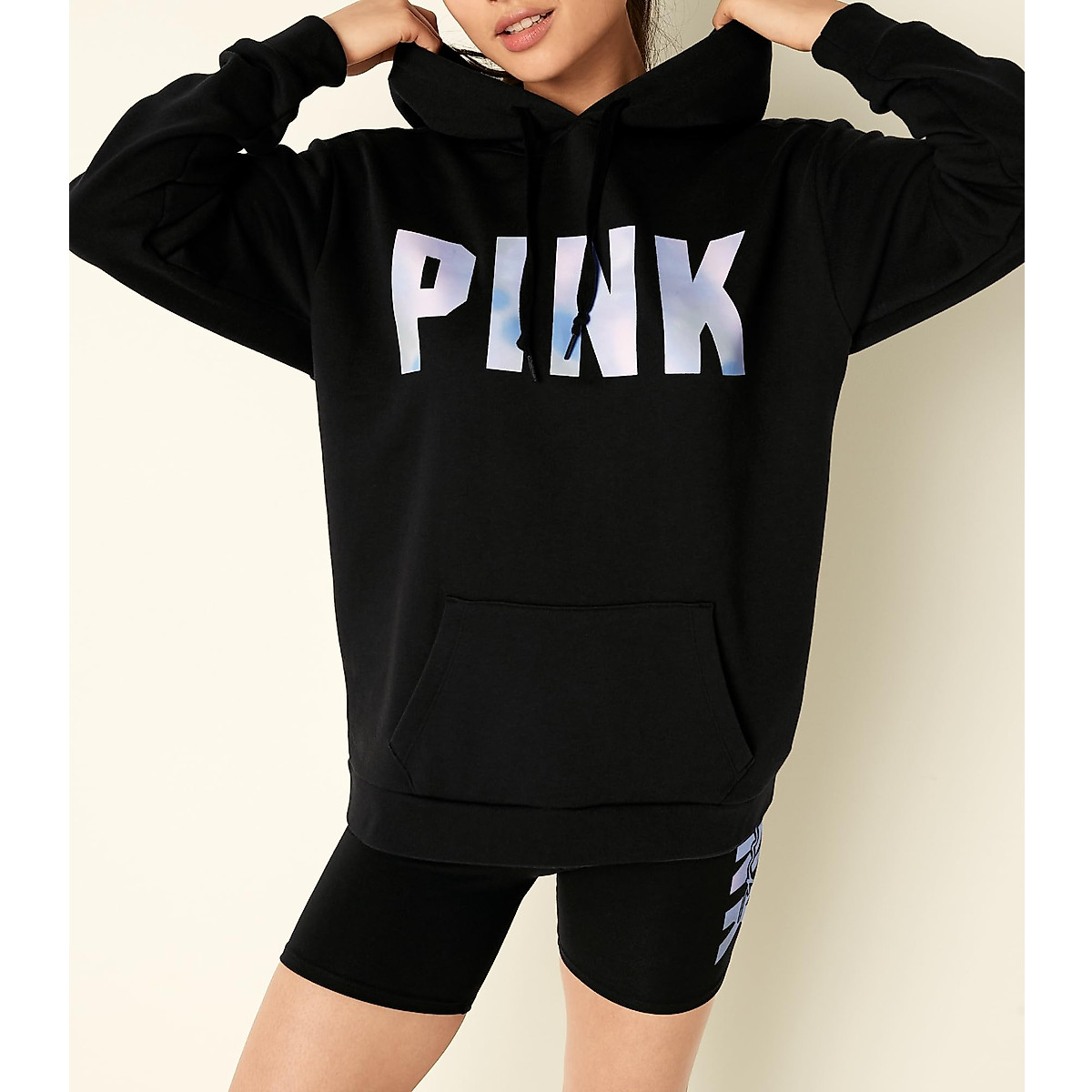 Victoria's Secret Women's PINK Logo Campus Hoodie Sweatshirt, Black Multi, (M)