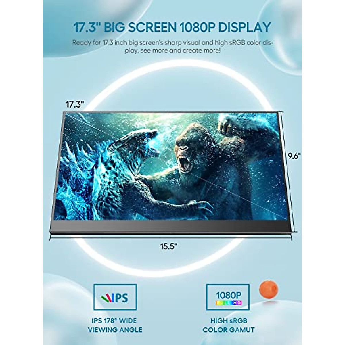 UPERFECT Portable Monitor 17.3’’ 1080P, Frameless Portable Screen IPS HDR Eyecare USB C Gaming Monitor 1920X1080 with VESA, Ultra-Wide & Lightweight Extended Monitor