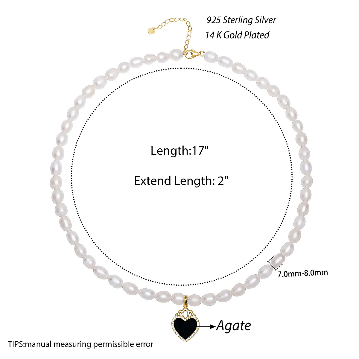 2023 New 925 Sterling Silver Dainty Freshwater Cultured Pearl Strand Necklace Black Agate Love Heart Pendant White Genuine Real Pearls Jewelry Gifts for Her 7-8mm Black Heart
