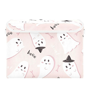 VIGTRO Cute Spooky Ghost Storage Bins with Lids Foldable Storage Boxes with 2 Handles, Pink Boo Halloween Decorative Storage Basket Collapsible for Clothes Books