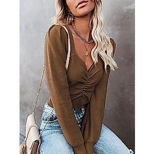PRETTYGARDEN Fall Long Sleeve Cropped Sweaters for Women 2023 Off The Shoulder V Neck Ruched Ribbed Knit Going Out Tops (Coffee, Medium)