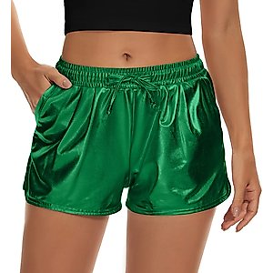 Taydey Women's Yoga Hot Shorts Shiny Metallic Pants(Green,XL)