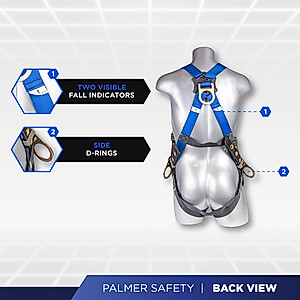 Safety Full Body Construction Harness with 5 Point Adjustment, 3D-Ring, Grommet Legs, and Fall Indicators I OSHA ANSI Roofing Tool Personal Equipment (Blue - Universal)