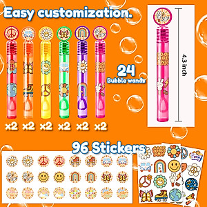 24PCS Groovy 70s DIY Bubble Wands Party Favors 96PCS Stickers for Goodie Bag Fillers Pinata Stuffers Mini Bubble Bulk Birthday Party Supplies Toys Gifts Class Prizes Toddlers Boys Girls