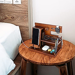 awofer Wood Phone Docking Station Nightstand Organizer for Men - Key Holder Wallet Stand iWatch Organizer Ring Hanging - Gadgets Gifts for Husband Boyfriend Dad Son Birthday Anniversary Fathers Day