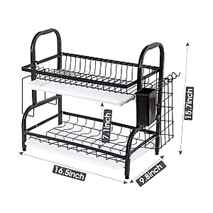 Supercenter Dish Drying Rack,2 Tier Dish Racks for Kitchen Counter with Drainboard,Rust-Resistant Drying Rack with Cutting Board Holder,Black