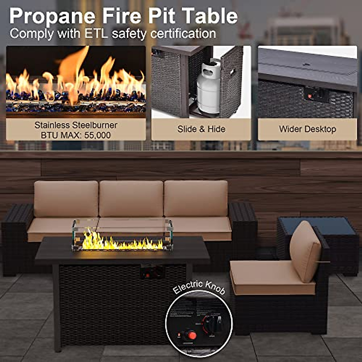 Grezone Patio Outdoor Furniture Sets with Fire Pit Table 7 Piece All Weather Wicker Conversation Sectional Sofa Couch Lawn Sectional Furniture with Washable Couch Cushions and Wicker Table, Beige