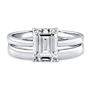 BERRICLE Sterling Silver Solitaire Wedding Engagement Rings 2.1 Carat Emerald Cut Cubic Zirconia CZ Ring Set for Women, Rhodium Plated Size 5.5