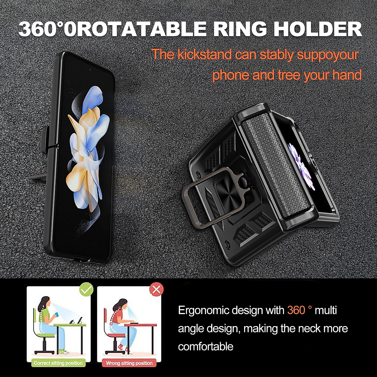 for Samsung Galaxy Z Flip 5 5G Case with Hinge Protection,Slide Camera Cover Heavy Duty Military Drop Cases Ring Kickstand Magnetic Car Mount Shockproof Bumper Phone Case for Galaxy Z Flip 5 5G Black