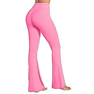 Sunzel Flare Leggings, Crossover Yoga Pants with Tummy Control, High Waisted and Wide Leg, No Front Seam Bubblegum Pink Medium 34" Inseam