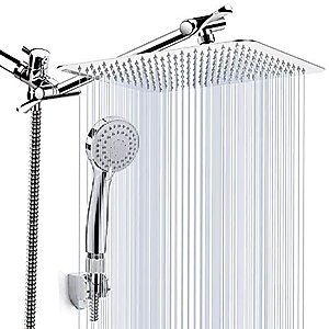 kaqinu Shower Head , 8 Inch High Pressure Rainfall Shower Head / Handheld Showerhead Combo with 11 Inch Extension Arm, Anti-leak Shower Head with Holder/ Hose, Flow Regulator, Chrome