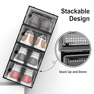 Potahouse Shoe Storage Organizer, 12 Pack X-Large Clear Plastic Stackable Shoe Boxes with Lids, Fit Size 11-12, Sneaker Containers Bins Space Saving for Entryway Closet Floor, Black