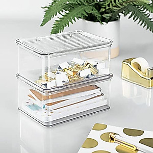 mDesign Small Plastic Home Office Storage Organizer Box Containers with Hinged Lid for Desktops - Holds Pens, Pencils, Sticky Notes, Highlighters, Staples, and Supplies - Clear