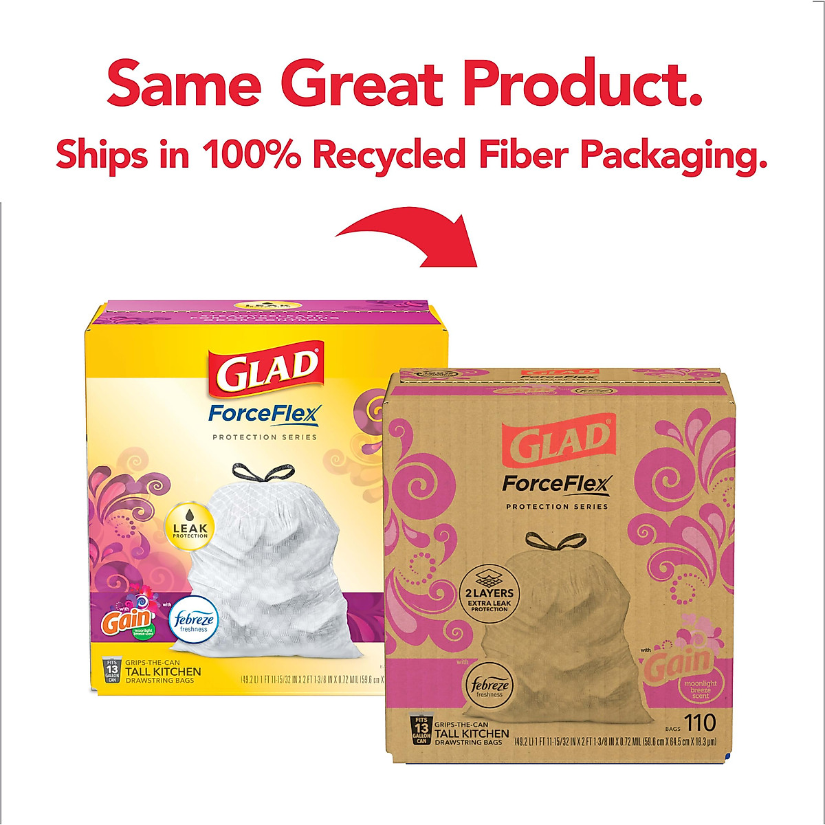 GLAD ForceFlex Tall Kitchen Drawstring Trash Bags, 13 Gallon White Trash Bag for Kitchen Trash Can, Gain Moonlight Breeze with Febreze Freshness and Leak Protection, 110 Count (Package May Vary)