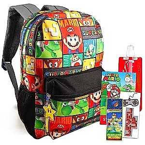 Super Mario Backpack for Boys - Mario School Supplies Bundle with 16" Backpack Plus Stickers, Water Bottle, and More (Super Mario Backpack)