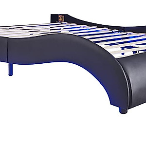 BIADNBZ Full Size Wavy Platform Bed with Adjustable LED Light, Modern Upholstered Faux Leather Bedframe for Kids w/Wooden Slats Support, No Box Spring Needed, Easy Assembly, Black