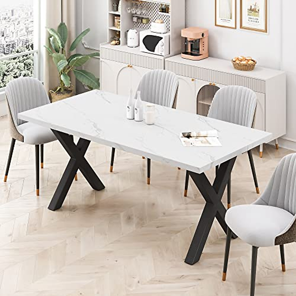 70.87" Faux Marble Dining Table, Modern Rectangular Dining Table with Printed Marble Table Top and X-Shape Stainless Steel Table Leg/Metal Base for Kitchen & Dining Room（White Top+ Black Legs）