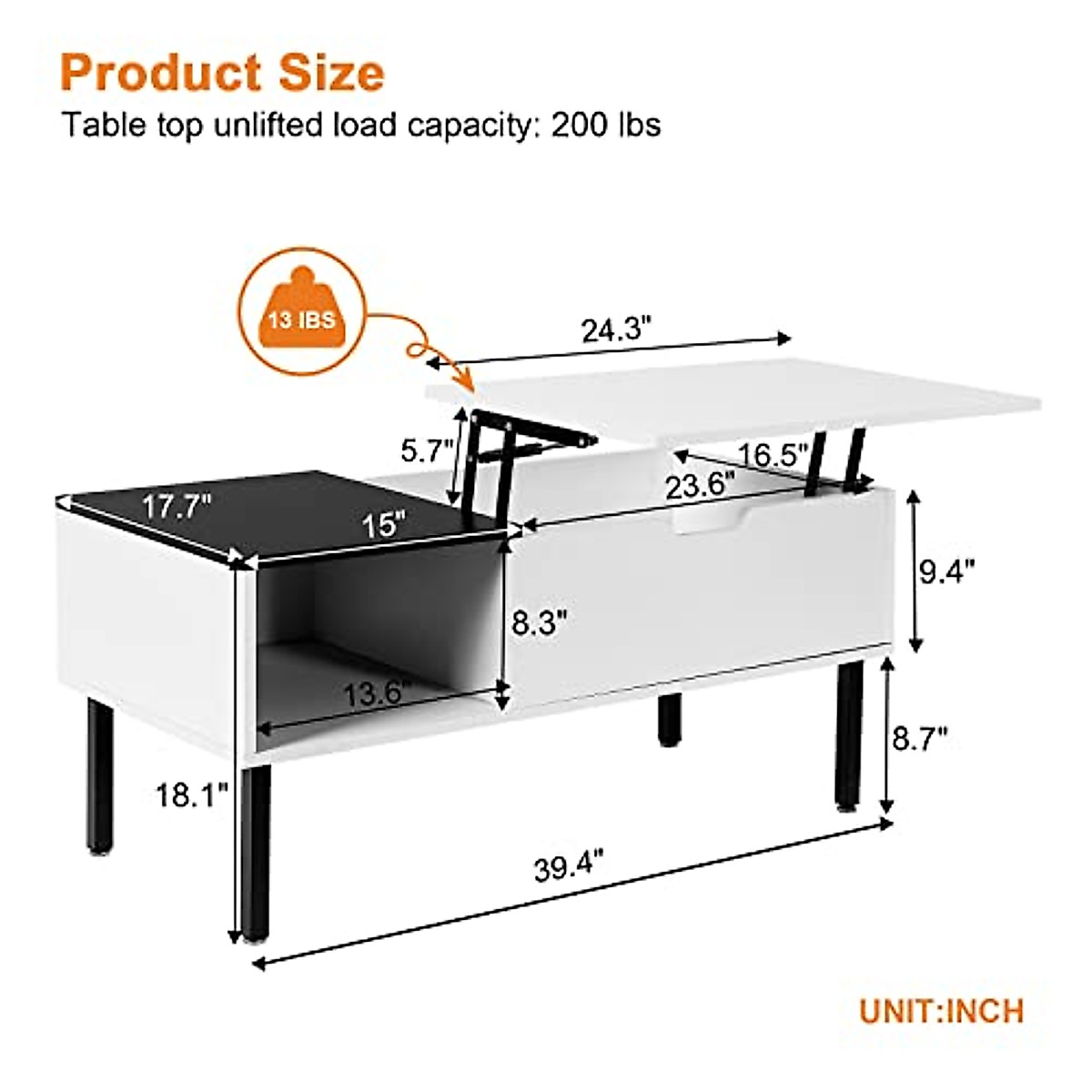 Koifuxii Coffee Table with Lift Top and Storage - White and Black Lift Top Coffee Tables for Living Room, Small Spaces - Lift up Coffee Table Wood, Metal Legs