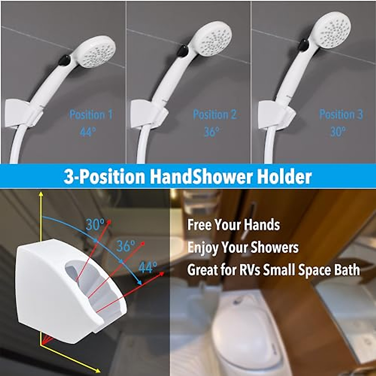 RV Shower Head with Hose and On Off Switch (Trickle), Water Saving and High Pressure Shower Head with Hose Guide Ring and Shower Holder for RV, Camper, Van, Travel Trailer, Motorhome and Boat, White