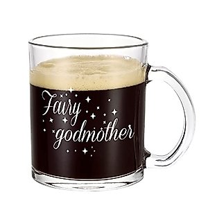 DAZLUTE Fairy Godmother Gifts, Godmother Glass Coffee Mugs, Mother’s Day Christmas Birthday Baptism Gifts for Godmother Women Mom from Godchildren, 11Oz Clear Coffee Cups With Handle