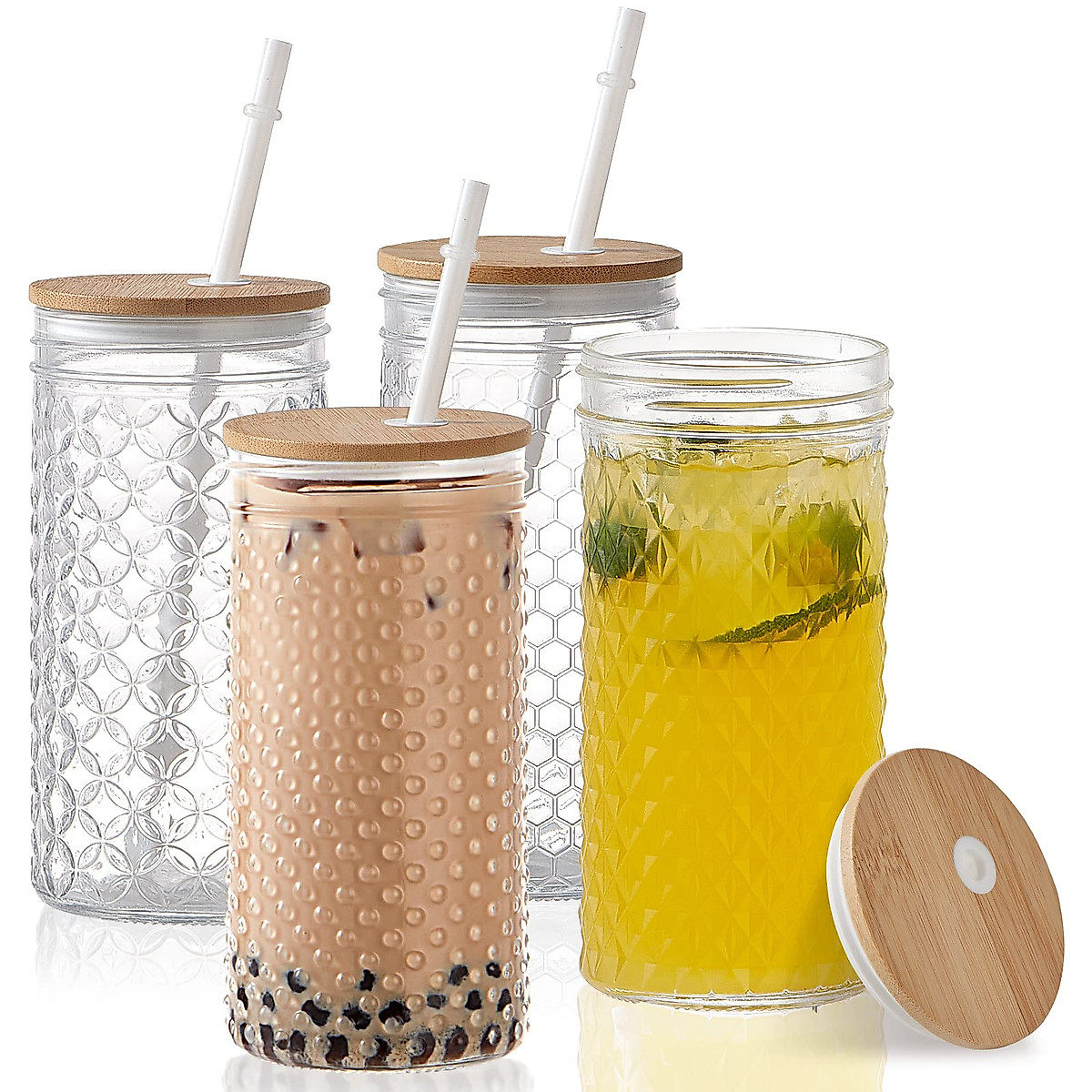 Hyperspace 4Pack Glass Tumblers with Bamboo Lids and Straws, 24 OZ Wide Mouth Mason Jar Drinking Glasses Travel Bottles with Varitey of Patterns for Multi Use