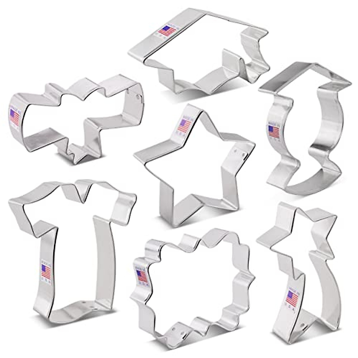Ann Clark Cookie Cutters 7-Piece Graduation Cookie Cutter Set with Recipe Booklet, Graduation Cap, Gown, Diploma, Graduate, Star, Plaque, and Shooting Star