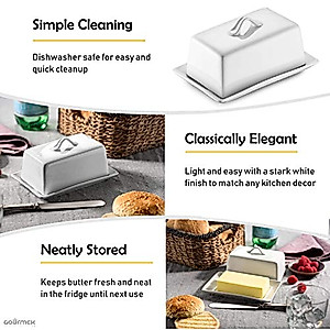 GOURMEX Large Butter Holder with Lid | Fits One Pound of Butter | Ideal Butter Keeper for Salted, Unsalted and Flavored Butter in Fridge | Ceramic White Covered Butter Dish is Dishwasher Safe