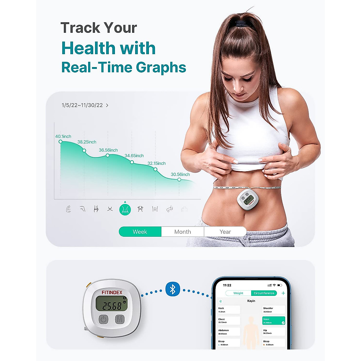 FITINDEX Smart Tape Measure Body, Bluetooth Measuring Tape for Body with App, Accurately Retractable Digital Body Tape Measure for Weight Loss, Fitness, Body Building, inch&cm