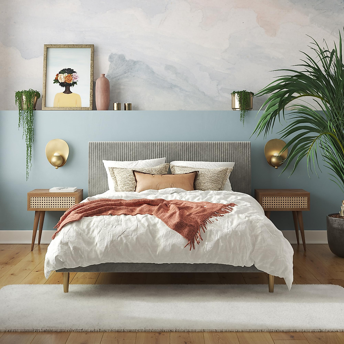 Mr. Kate Daphne Upholstered Bed with Headboard and Modern Platform Frame, Full, Light Gray Velvet