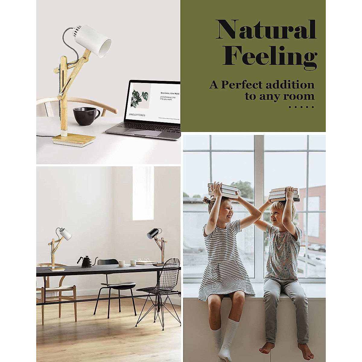 ELYONA Wireless Charging White Desk Lamp, Touch Control Rubber Wood Table Lamp with USB Charging Port, Swing Arm Reading Task Lights for Office, Dorm, Living Room Bedroom, Farmhouse, Bulb Included