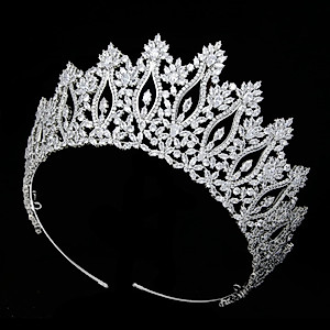 QXMYOO Luxury Wedding Tiaras for Bride Cubic Zirconia Big Tall Crown Quinceanera Crystal Headband for Women CZ Pageant Birthday Prom Party Headpiece Bridal Hair Accessories Silver (Silver)