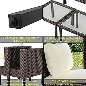 LOKATSE HOME 6 Pieces Patio Furniture Outdoor All Weather Wicker Conversation Sets with Brown Rattan Sofa Chair, Cushions and Coffee Glass Table, Beige