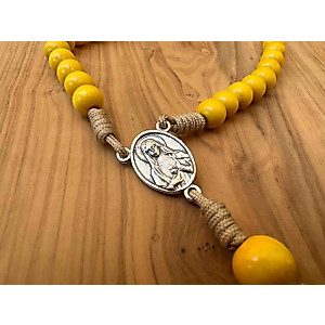 Yellow Wooden Prayer Beads Rosary With Pardon Crucifix Pendant Immaculate Heart Of Mary