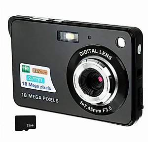 Digital Camera, Compact Camera,2.7 inch Pocket Camera,Rechargeable Small Digital Camera for Kids,School,Children,Adults,Photography with Digital Zoom(32GB SD Card Included,1 Battery) (Black)