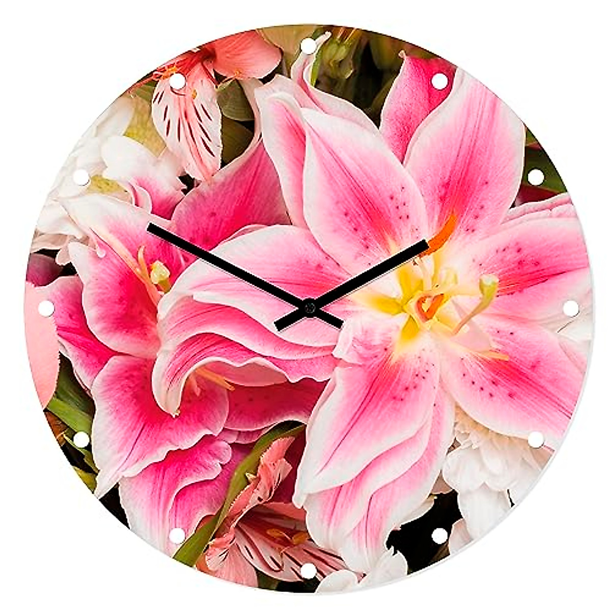 Soul Décor Pink Lilys Flowers Wall Clock, Silent Non-Ticking, Battery Operated Kitchen Clock, Aluminum Composite Face, Suitable for Offices, Bedrooms, and Bathrooms 12 Inch Round