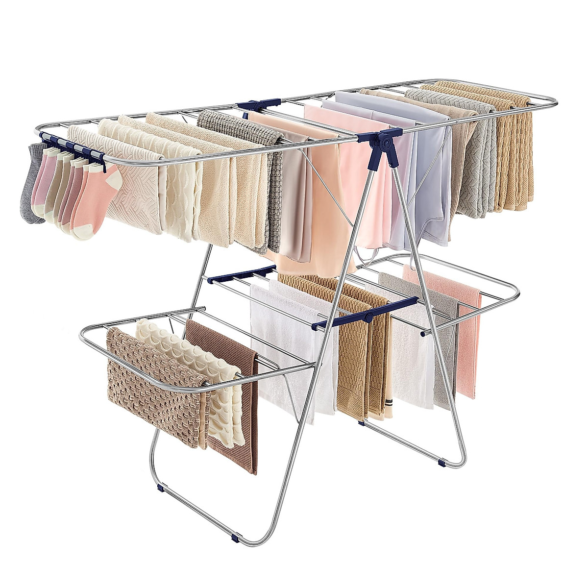 SONGMICS Clothes Drying Rack, Foldable 2-Level Laundry Drying Rack, Free-Standing Large Drying Rack, with Height-Adjustable Wings, 33 Drying Rails, Sock Clips, for Clothes, Sheets, Blue ULLR53BU