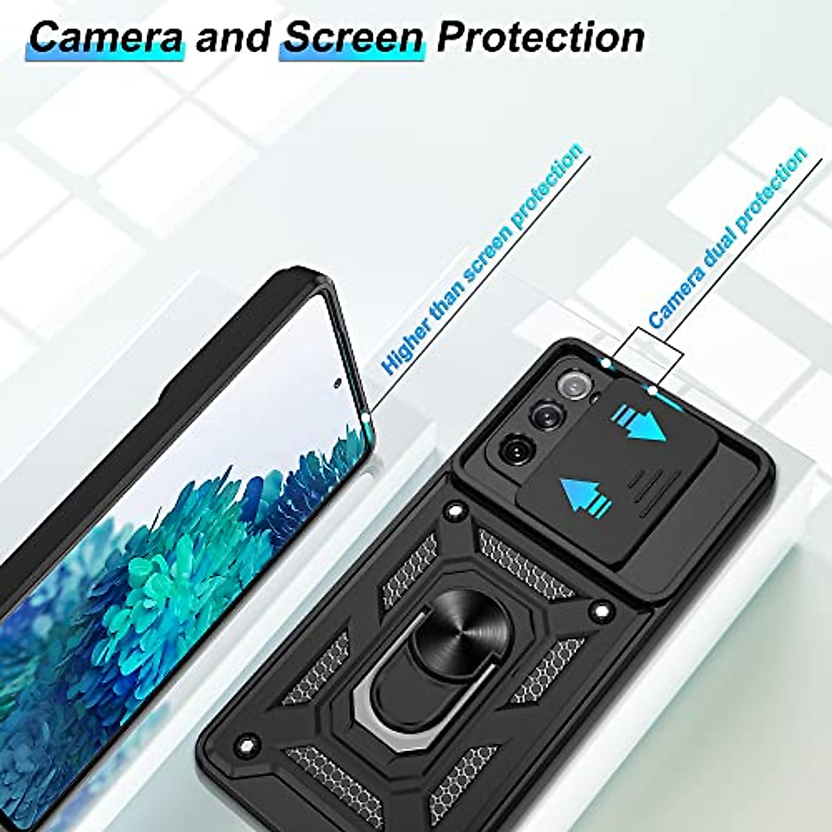 Atump Samsung Galaxy S20 FE Case(4G/5G),Galaxy S20 Fan Edition/S20 Lite with HD Screen Protector with Slide Camera Cover, 360° Rotation Ring Kickstand [Military Grade] Case for Samsung S20 FE Black