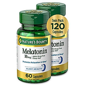 Melatonin by Nature's Bounty, 100% Drug Free Sleep Aid, Dietary Supplement, Promotes Relaxation and Sleep Health, 10mg, 60 Count(Pack of 2)