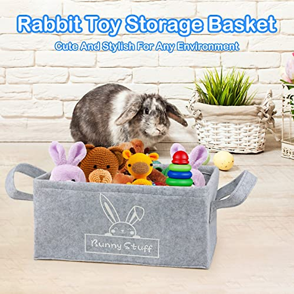 GINDOOR Rabbit Toy Storage Bin Bunny Toys Box Bins Collapsible Pet Supplies Storage Basket with Handle Perfect for Organizing Small Pets Guinea Pigs Rabbit Chinchilla Toys