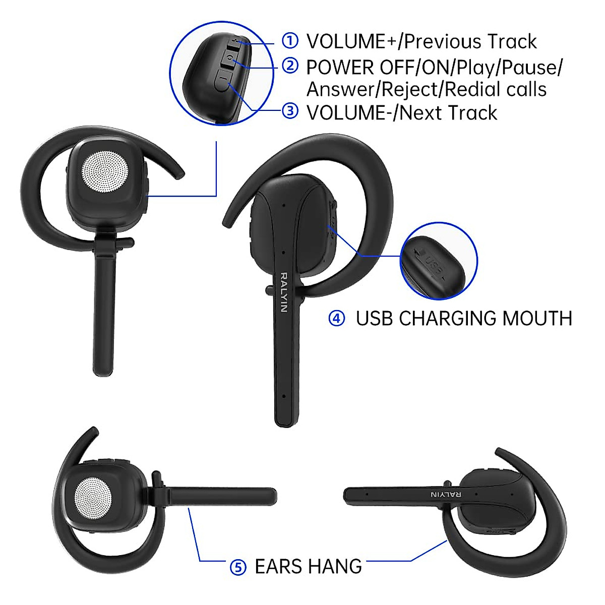 Ralyin Bluetooth Earpiece, Bluetooth Headphones with Daul Mic Noise Cancellation, 24 Hrs Driving Headset 60 Days Standby Time for Running Cycling Workout