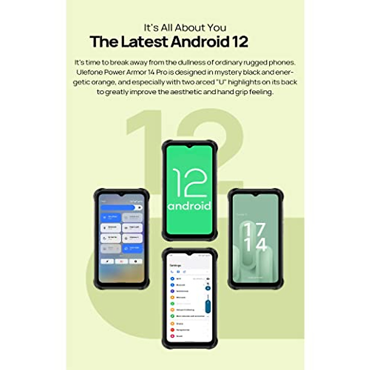 Ulefone Armor 14 Pro 10000mAh Rugged Smartphone, Android 12, 6GB+128GB, Helio G85 Octa-core Waterproof Rugged Phone, 6.52” HD+, 20MP AI Camera, Fast Charging Unlocked Cell Phones, Dual Sim 4G