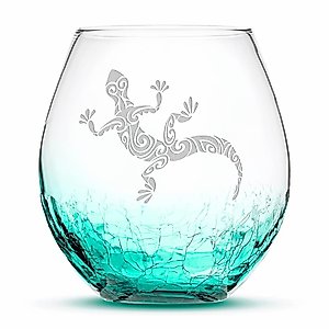 Integrity Bottles Tribal Gecko Design Stemless Wine Glass, Handmade, Handblown, Hand Etched Gifts, Sand Carved, 18oz (Crackle Sea Foam Green)