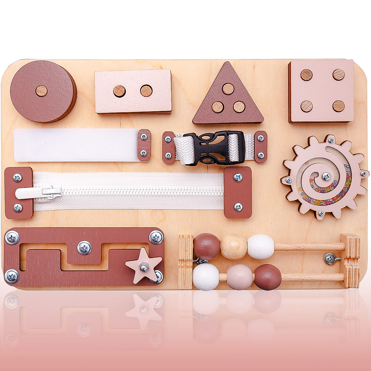 EvoKids Wooden Sorting Stacking Toy Busy Board for Toddlers 3 – Zipper, Buckle in Handmade Activity Board – Plane Car Travel Sensory Montessori Developmental Educational Toys for Boy Girl